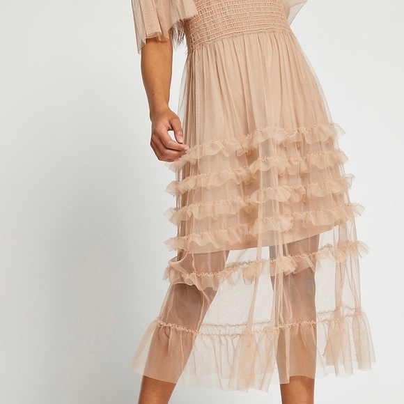 River Island | Dresses | River Island Beige Short Sleeve Mesh Ruffle ...